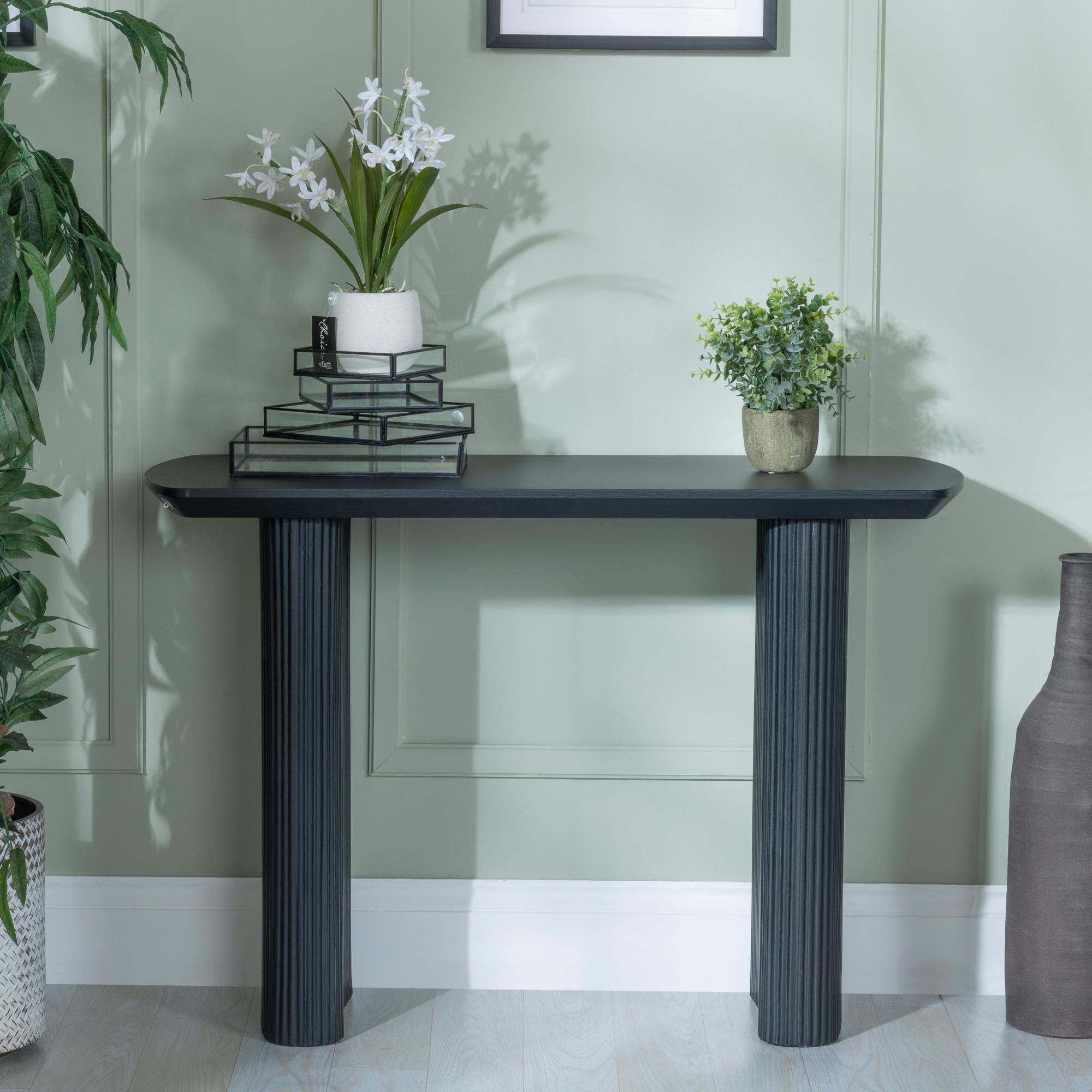 Renzo Black Oval Console Table with Fluted Ribbed Double Pedestal Base ...